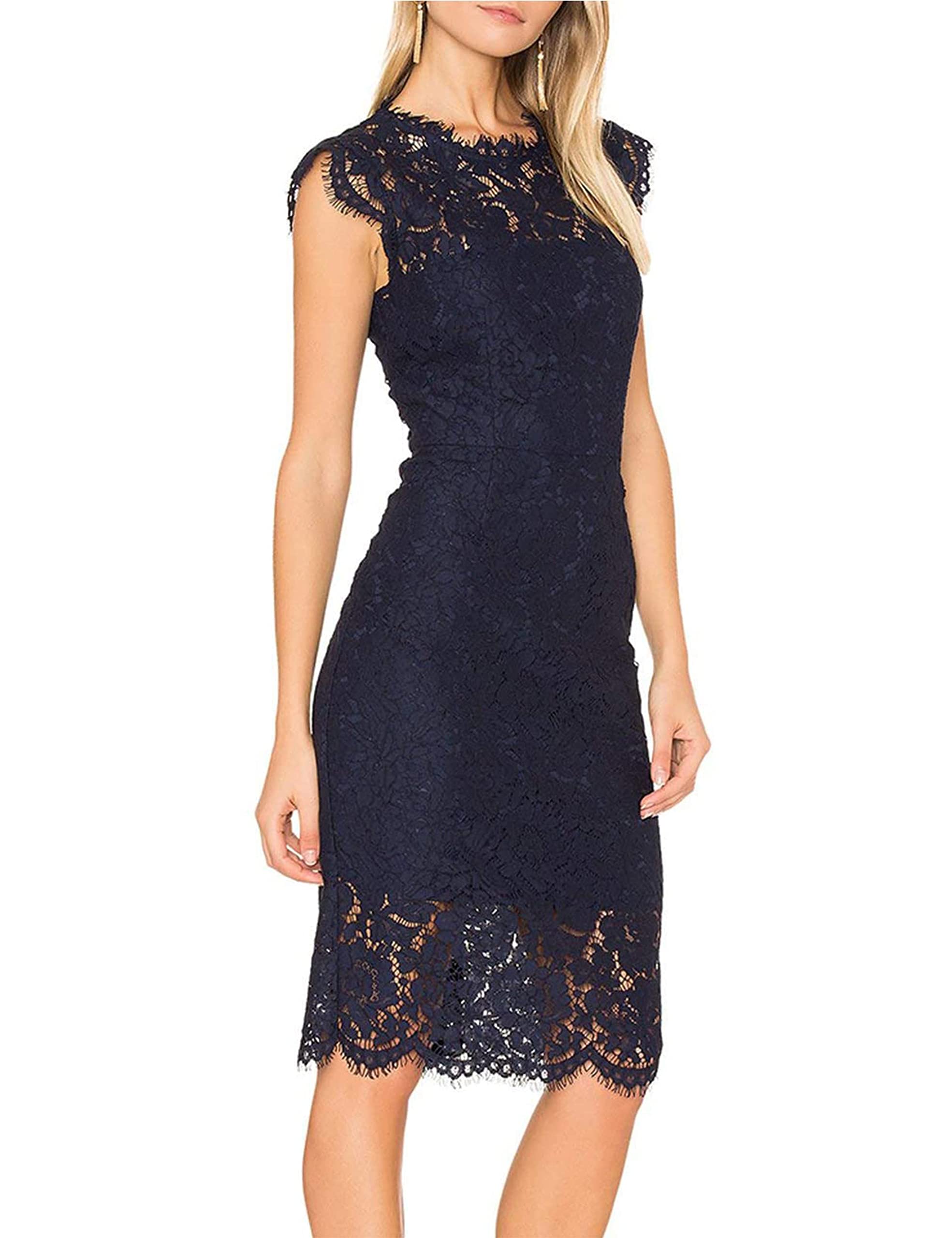 MEROKEETY Women's 2025 Lace Floral Midi Dresses Classic Elegant Party Dinner Photoshoot Dress, Navy, Large