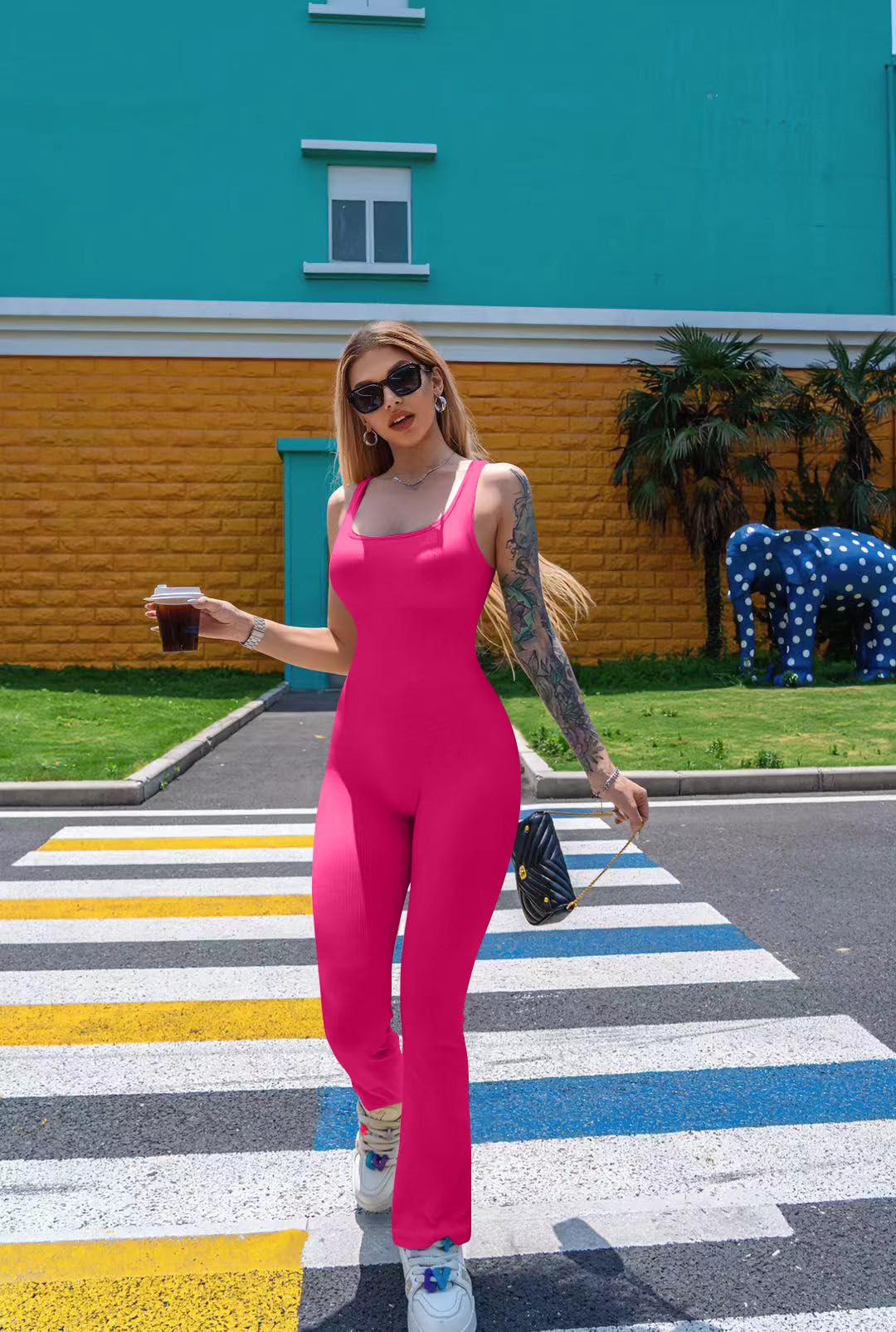 OQQ Women‘s Yoga Jumpsuits Ribbed Workout Sleeveless Tank Tops Bell Bottoms Flare Jumpsuits Rose3