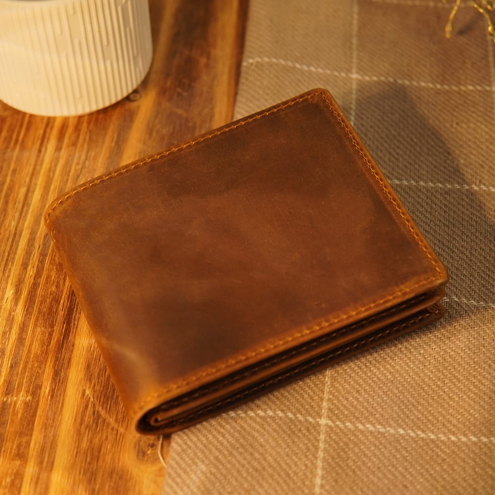 Polare Cowhide Genuine Natural Crazy Horse Leather RFID Blocking Bifold Wallet For Men