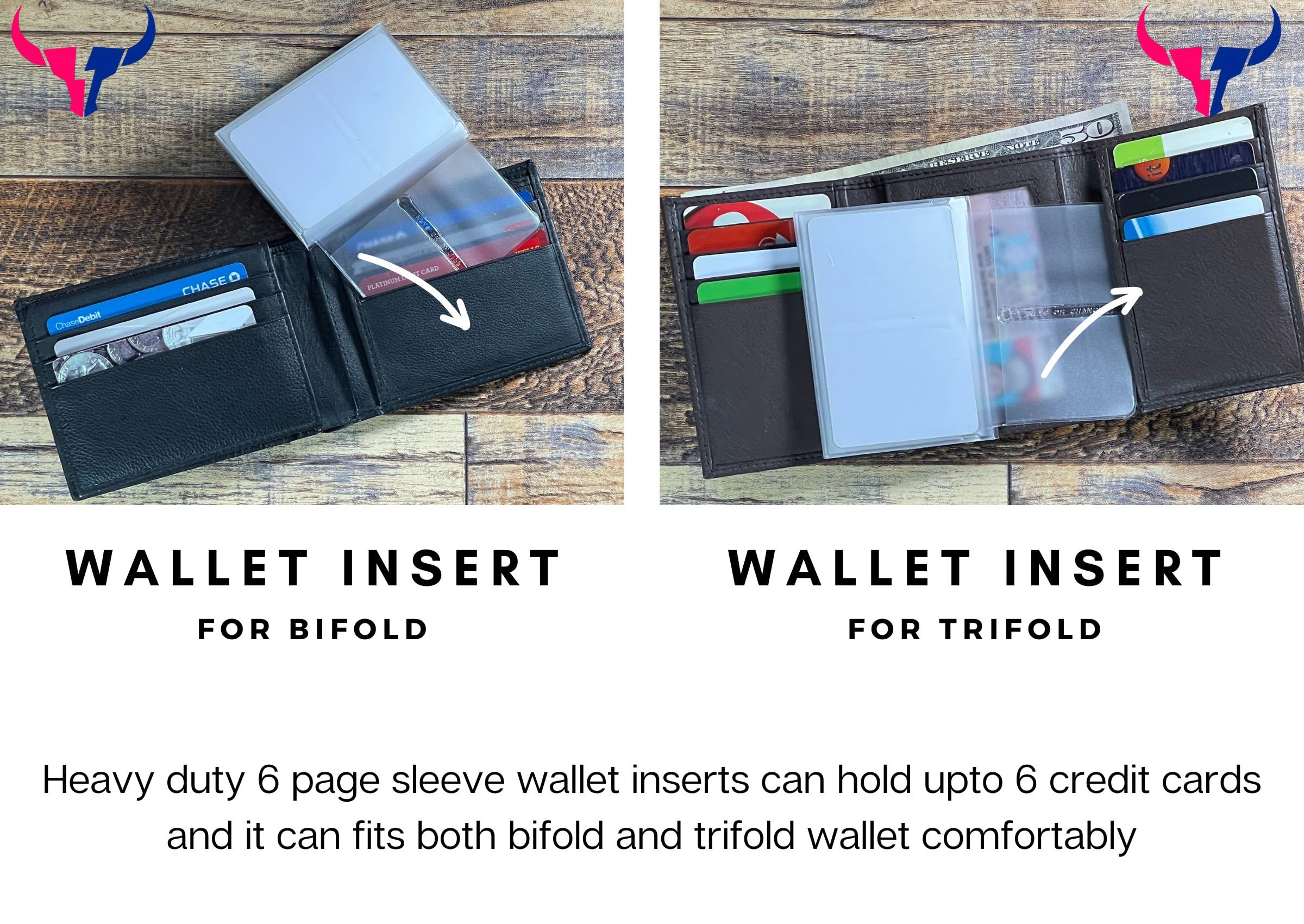 Set of 2 Heavy Duty Vinyl 6 Pages Insert for Bifold or Trifolds Wallet MADE IN USA