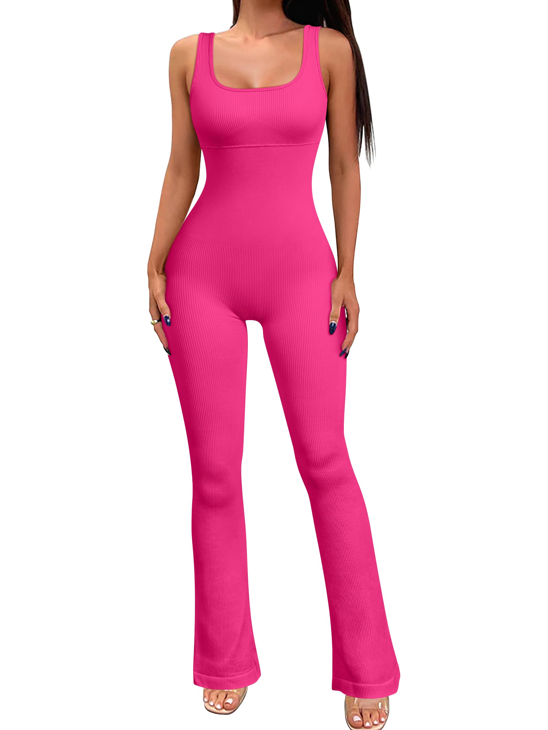 OQQ Women‘s Yoga Jumpsuits Ribbed Workout Sleeveless Tank Tops Bell Bottoms Flare Jumpsuits Rose3