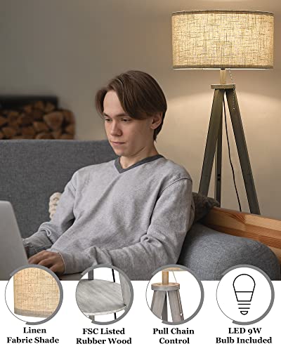 ELYONA Tripod Floor Lamp for Living Room Solid Wood Floor Lamp with Table - Farmhouse Shelf Tall Reading Standing Light with Drum Shade for Bedroom, Office, Study Room, 9W LED Bulb Included, Grey