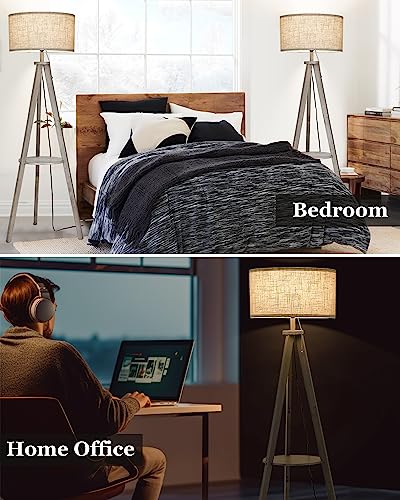 ELYONA Tripod Floor Lamp for Living Room Solid Wood Floor Lamp with Table - Farmhouse Shelf Tall Reading Standing Light with Drum Shade for Bedroom, Office, Study Room, 9W LED Bulb Included, Grey