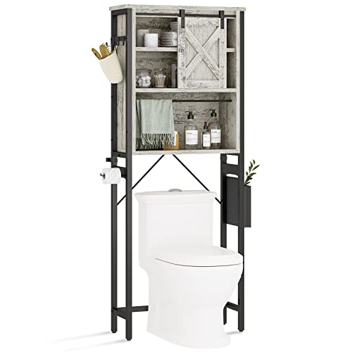 Itaar Over The Toilet Storage Cabinet, Farmhouse Bathroom Storage, 4-Tier Bathroom Shelves, Over Toilet Bathroom Organizer with Storage Bag and Hooks, Vintage White