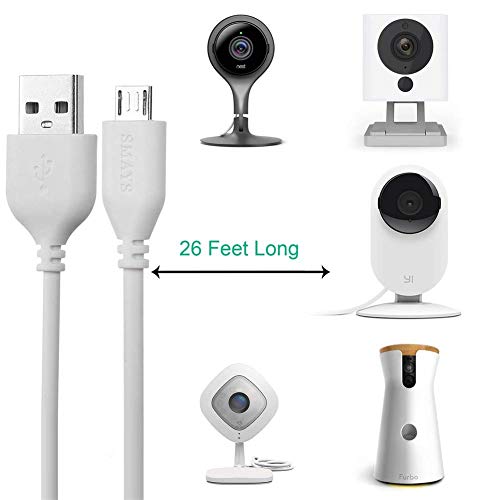 Smays 26ft Power Extension Cable Compatible with Wyze Cam, Zmodo, Blink Mini, Oculus Go, Kasa Cam, Yi Home Security Camera in Outdoor Indoor, Long Micro USB Cord White