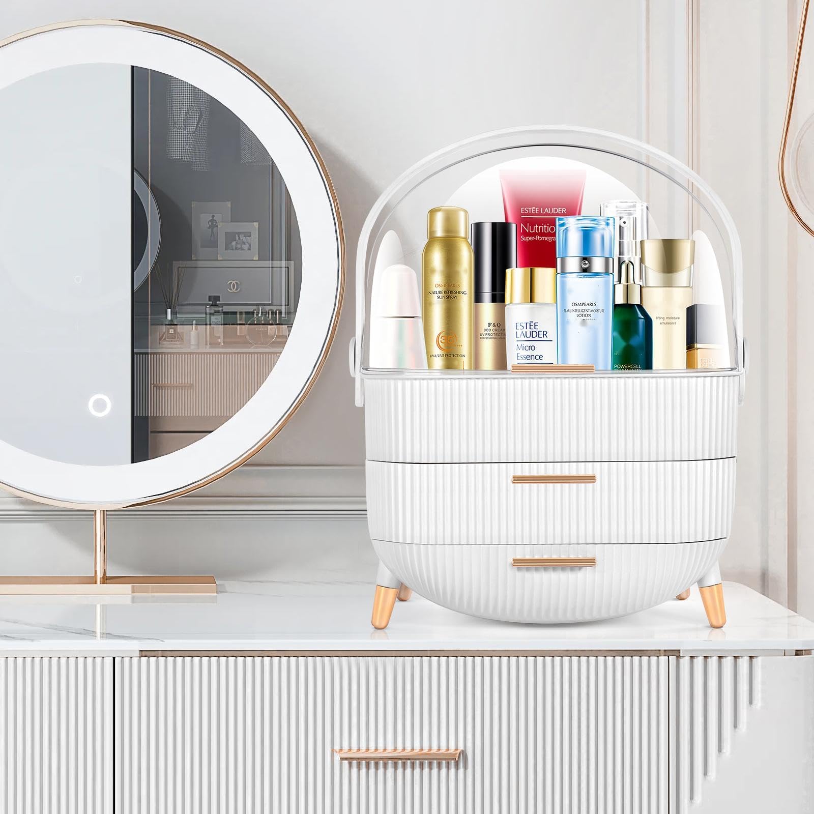 IGDMM Preppy Makeup Organizers,Skincare Organizer for College Students,Portable Cosmetic Organizer Makeup Caddy for Dorm,Bathroom,Dresser Cosmetic Storage Box. (WHITE)