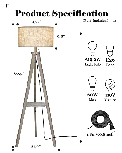 ELYONA Tripod Floor Lamp for Living Room Solid Wood Floor Lamp with Table - Farmhouse Shelf Tall Reading Standing Light with Drum Shade for Bedroom, Office, Study Room, 9W LED Bulb Included, Grey