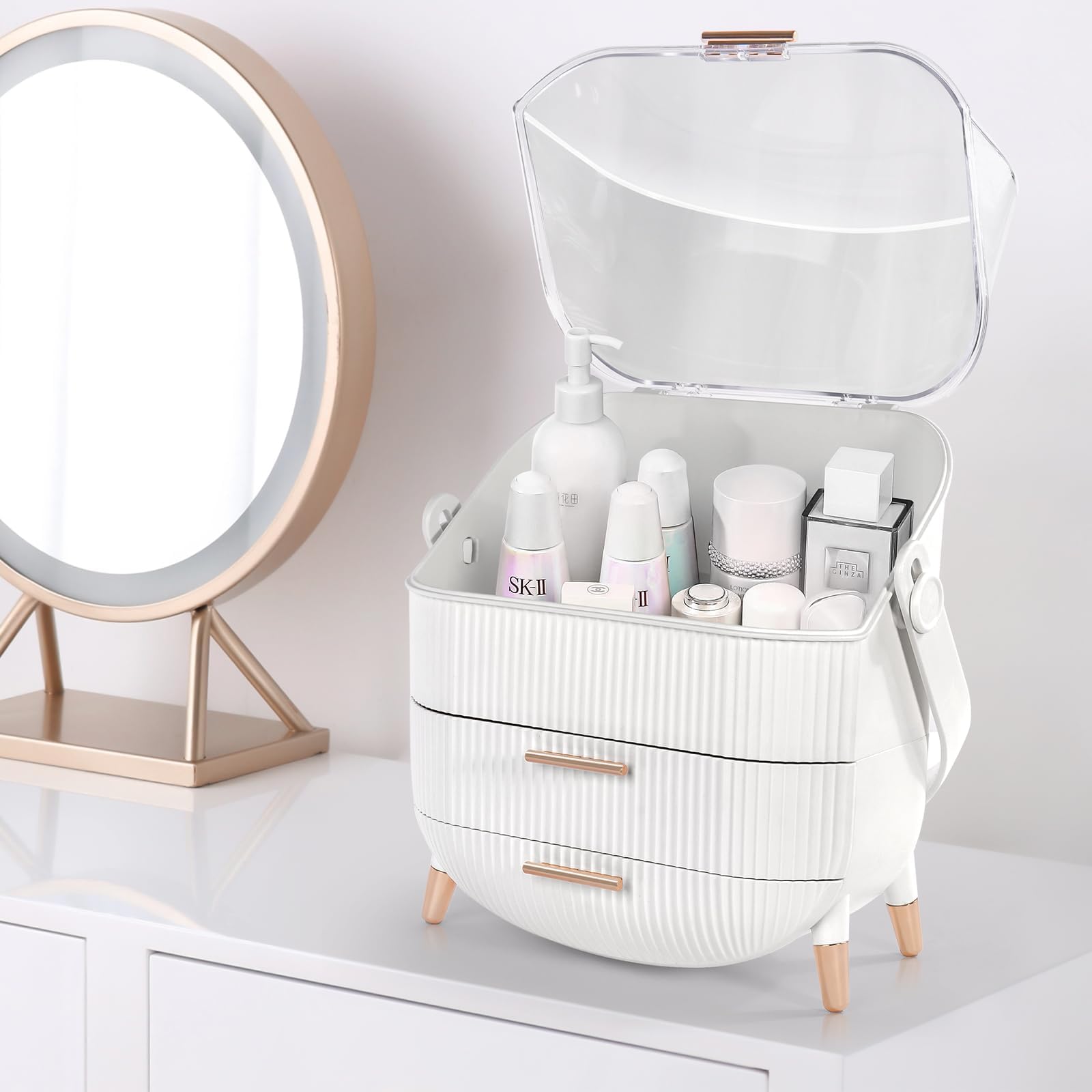 IGDMM Preppy Makeup Organizers,Skincare Organizer for College Students,Portable Cosmetic Organizer Makeup Caddy for Dorm,Bathroom,Dresser Cosmetic Storage Box. (WHITE)