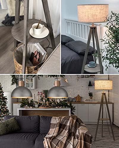 ELYONA Tripod Floor Lamp for Living Room Solid Wood Floor Lamp with Table - Farmhouse Shelf Tall Reading Standing Light with Drum Shade for Bedroom, Office, Study Room, 9W LED Bulb Included, Grey