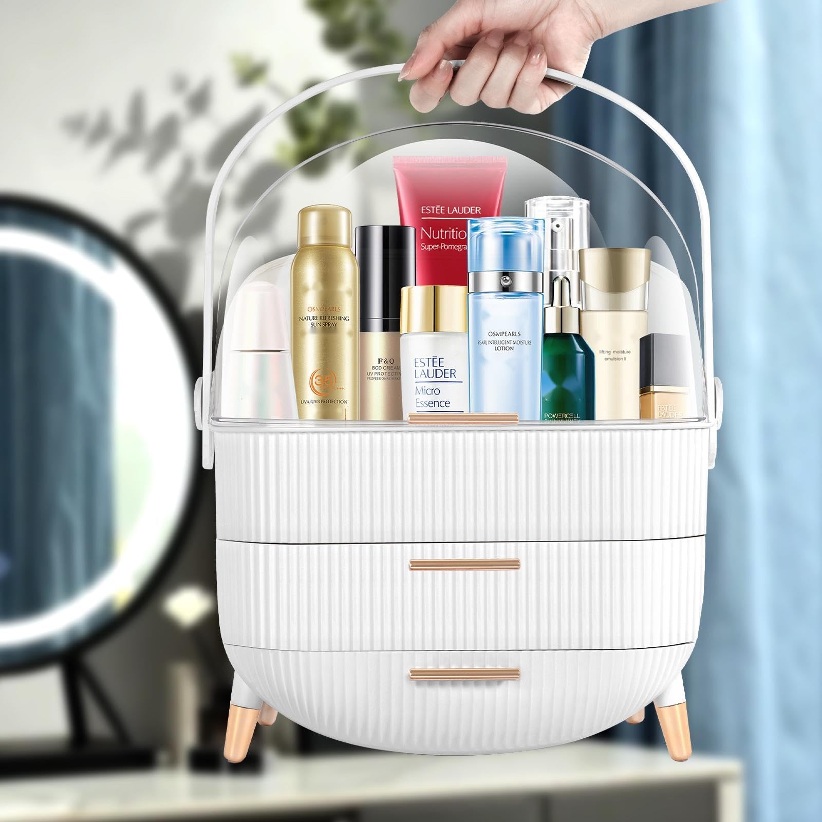 IGDMM Preppy Makeup Organizers,Skincare Organizer for College Students,Portable Cosmetic Organizer Makeup Caddy for Dorm,Bathroom,Dresser Cosmetic Storage Box. (WHITE)
