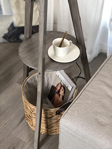 ELYONA Tripod Floor Lamp for Living Room Solid Wood Floor Lamp with Table - Farmhouse Shelf Tall Reading Standing Light with Drum Shade for Bedroom, Office, Study Room, 9W LED Bulb Included, Grey
