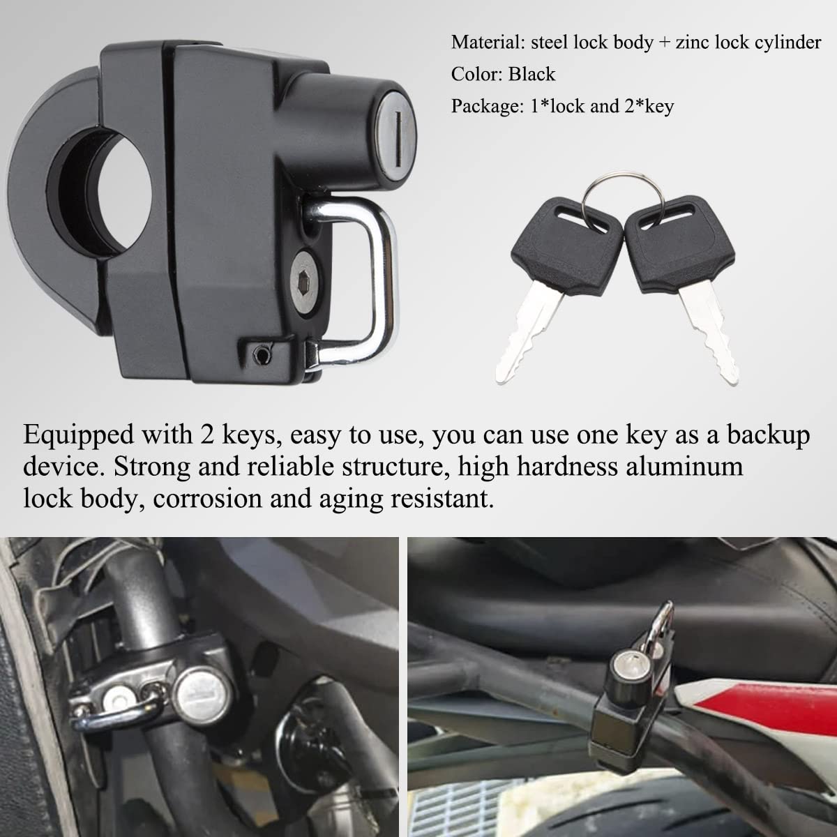 Motorcycle Helmet Lock Fits 7/8" (22mm) Handlebar Anti-Theft Helmet Security Lock with 2 Keys Fit for Motorbike Scooter Street Bike