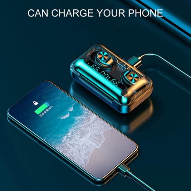 GrowToChoice in-Ear Headphone Waterproof LCD Display Stereo Power Bank Mobile Phone Wireless Earbuds - White