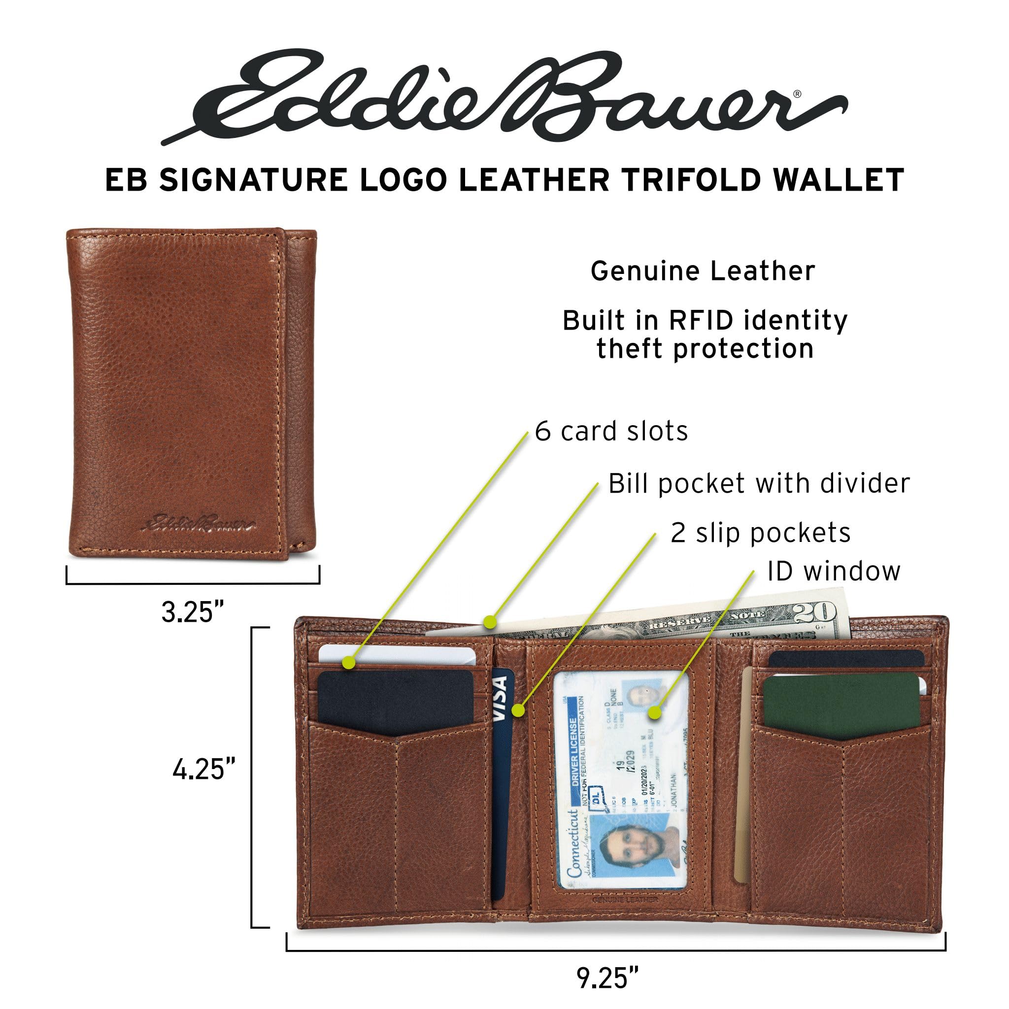 Eddie Bauer Men Signature Trifold Wallet, Leather Logo-Brown, One Size