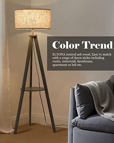 ELYONA Tripod Floor Lamp for Living Room Solid Wood Floor Lamp with Table - Farmhouse Shelf Tall Reading Standing Light with Drum Shade for Bedroom, Office, Study Room, 9W LED Bulb Included, Grey