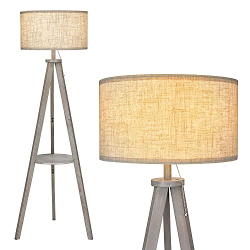 ELYONA Tripod Floor Lamp for Living Room Solid Wood Floor Lamp with Table - Farmhouse Shelf Tall Reading Standing Light with Drum Shade for Bedroom, Office, Study Room, 9W LED Bulb Included, Grey
