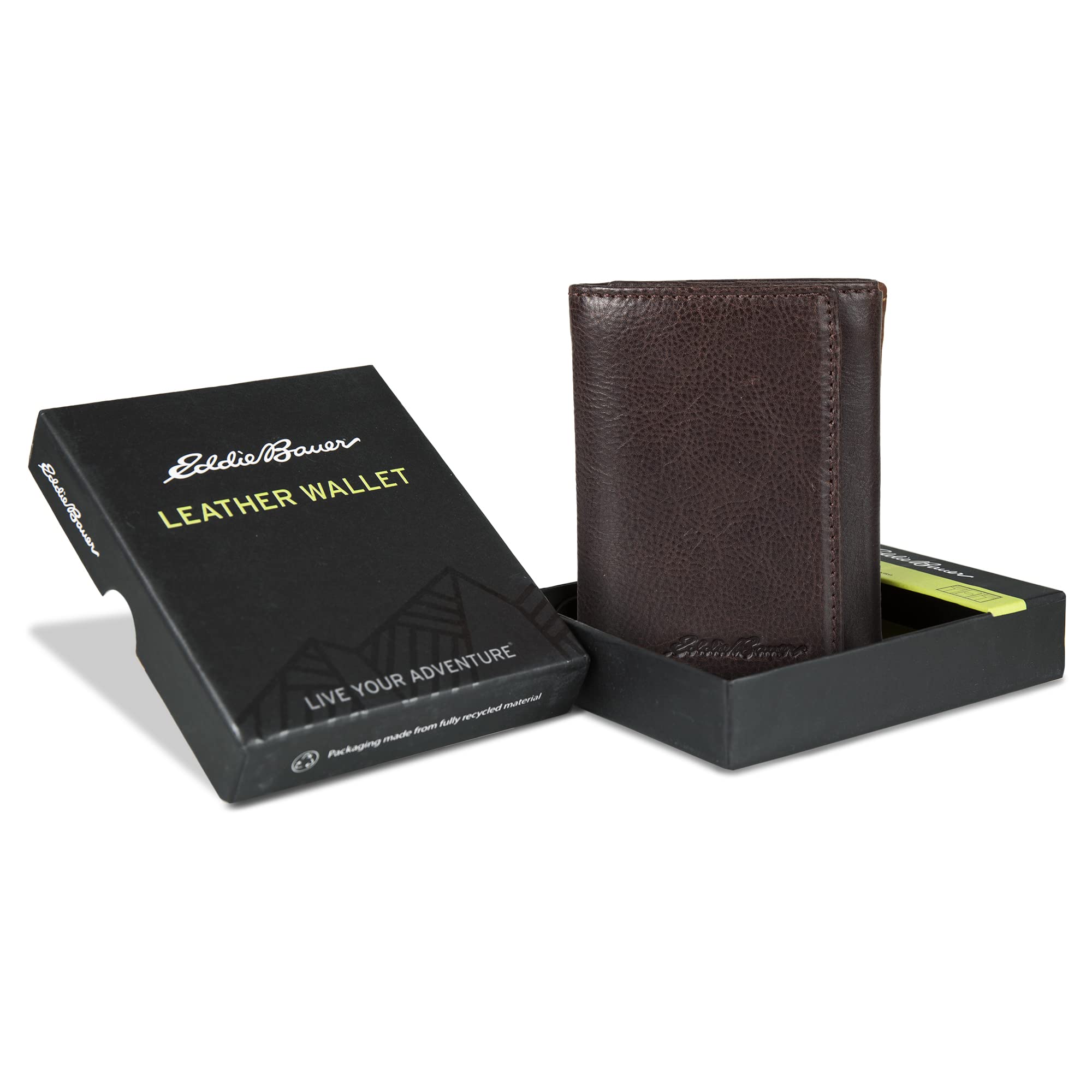 Eddie Bauer Men Signature Trifold Wallet, Leather Logo-Brown, One Size