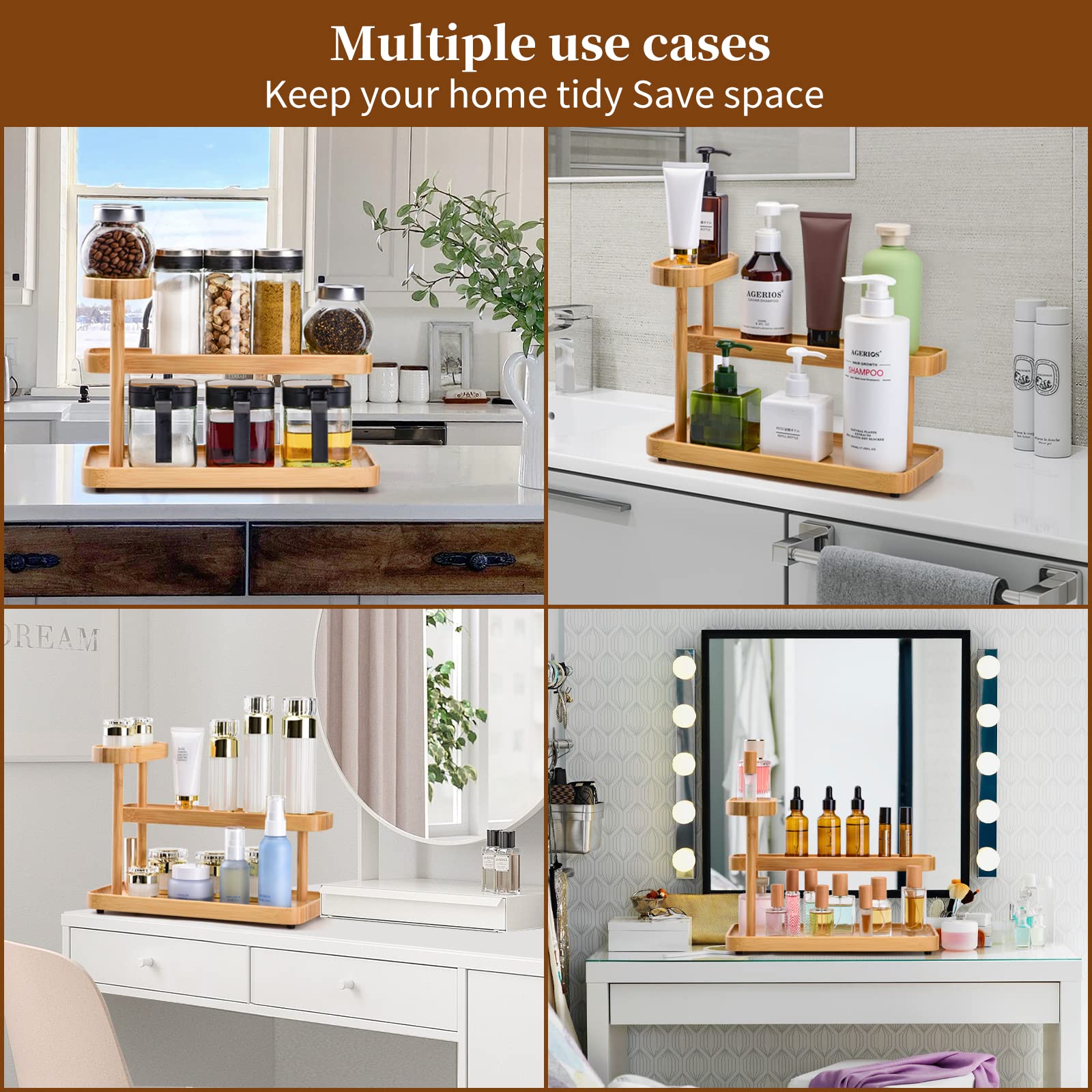 Bumtosc Bamboo Cosmetics Organizer for Bathroom Bedroom and Kitchen Multi Functional Storage Rack for Perfume Cosmetics Condiment Office Supplies Makeup Organizer for Vanity