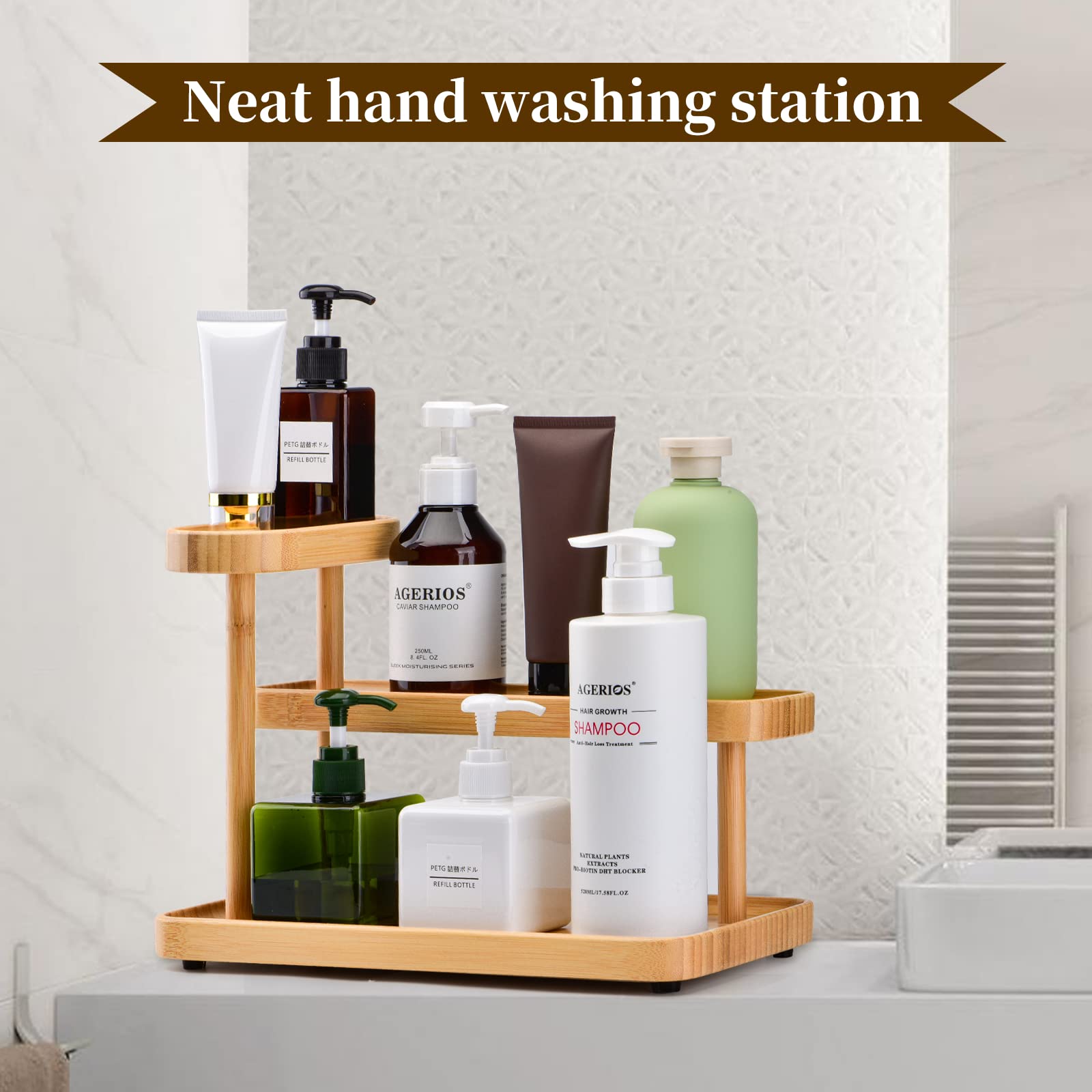 Bumtosc Bamboo Cosmetics Organizer for Bathroom Bedroom and Kitchen Multi Functional Storage Rack for Perfume Cosmetics Condiment Office Supplies Makeup Organizer for Vanity