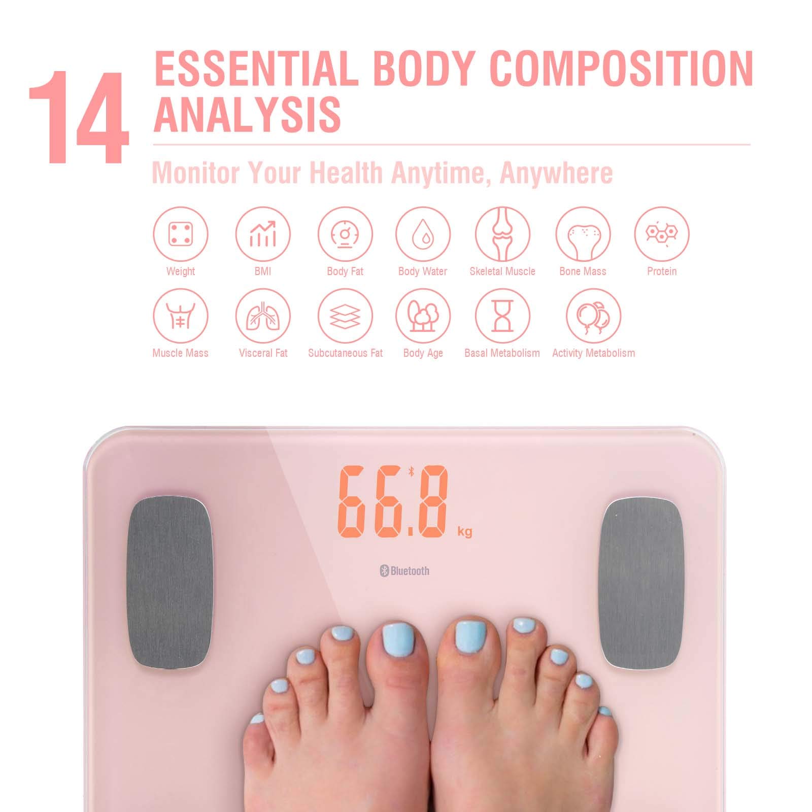 himaly Body Fat Scale, Smart BMI Scale Digital Bathroom Wireless Weight Scale, Body Monitor Health Composition Analyzer with Smartphone App sync with Bluetooth-Compatible, 400 lbs - Pink