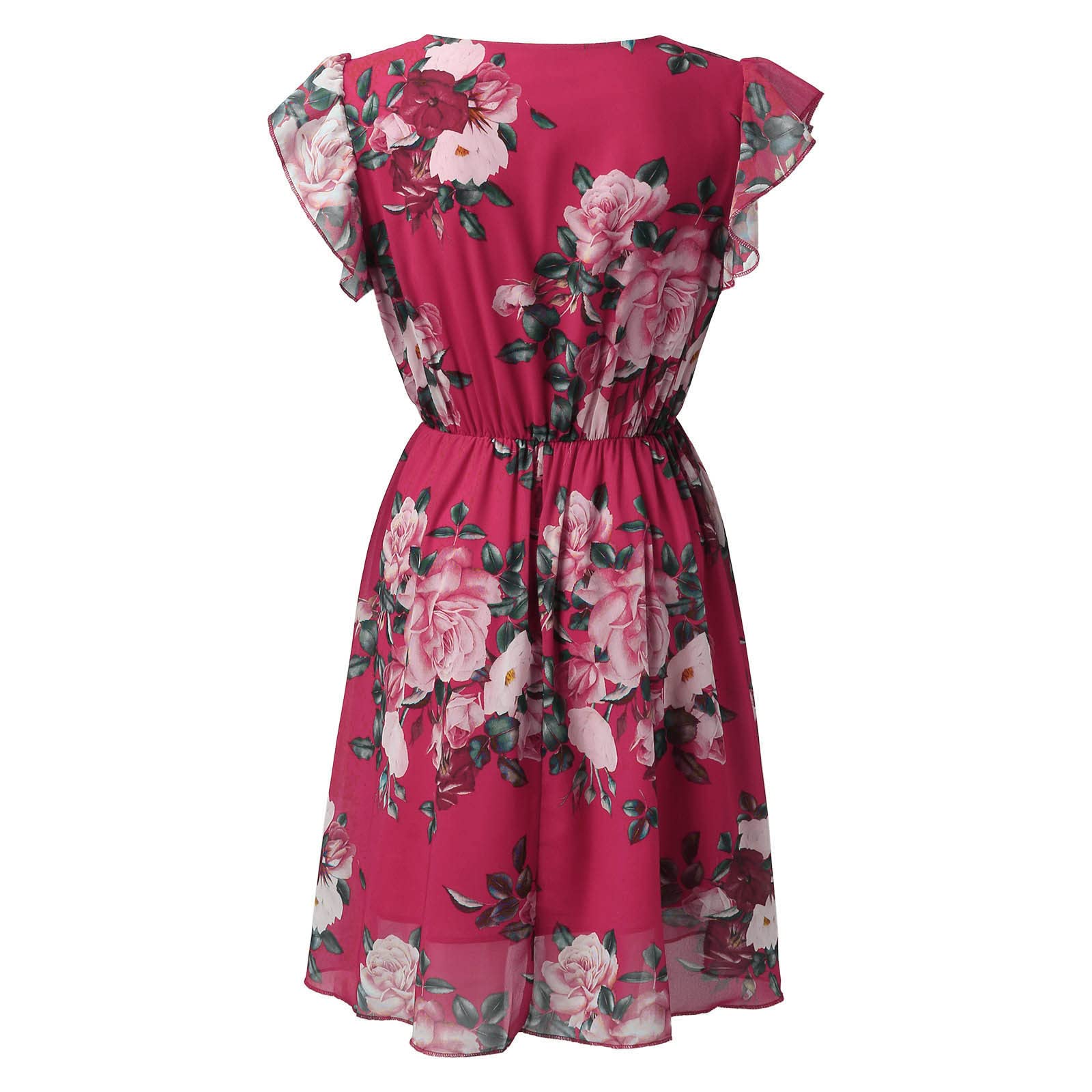 Womens Short Sleeve O Neck Summer Boho Elastic Waist A Line Floral Mini Dress Guest Wedding Dresses for Women Red