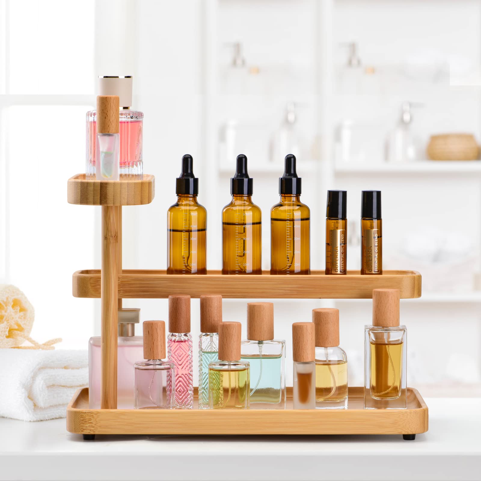 Bumtosc Bamboo Cosmetics Organizer for Bathroom Bedroom and Kitchen Multi Functional Storage Rack for Perfume Cosmetics Condiment Office Supplies Makeup Organizer for Vanity