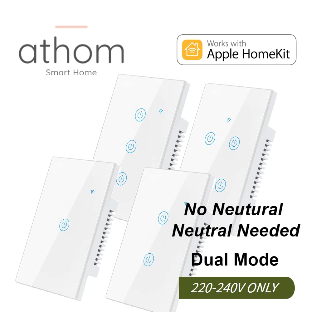 Athom US Standard Dual Mode WiFi Smart Wall Light Switch for Apple Homekit,Glass Touch Panel,No Neutral and Neutral Needed Dual Mode,220-240V,Siri Voice Control (2 Gangs), White (DS-121JL)