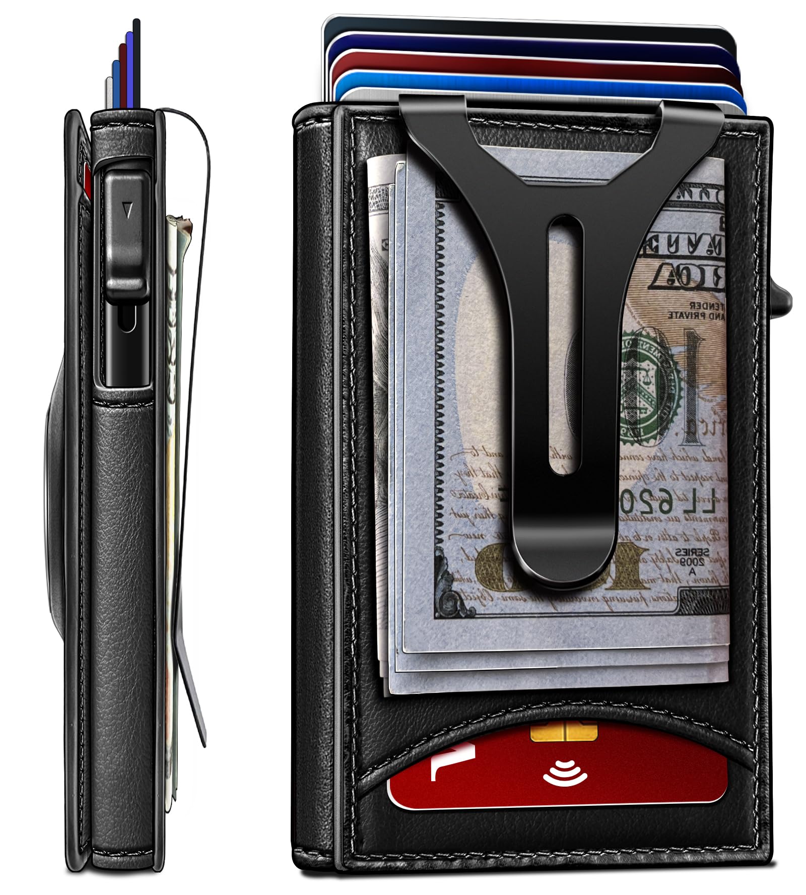 BULLIANT Money Clip Wallet,Mens Gift Slim Wallet Credit Card Holder Airtag&Standard Use 9Cards-Metal Case in Magnetic Flip Shell