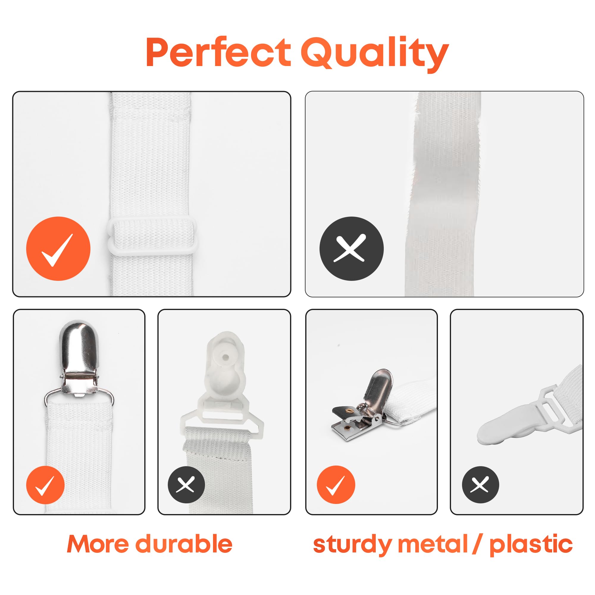 5 STARS UNITED Bed Sheet Straps Set | Easy to Use Adjustable Elastic Fasteners with Metal Clips | Sheet Holders for Corners | Fitted Sheet Clips to Hold Sheets in Place | (4 Pcs White)