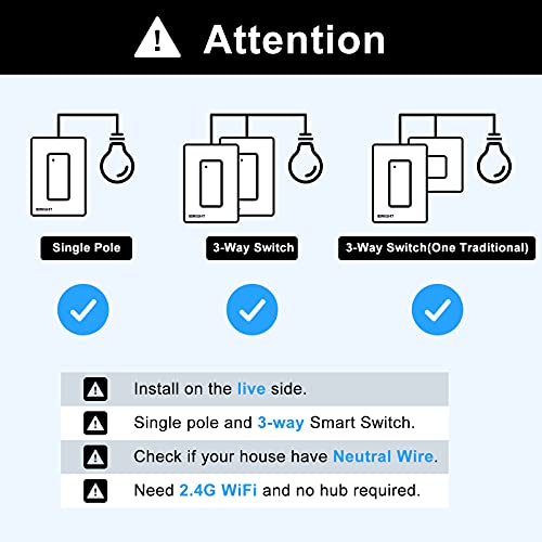 IBRIGHT Smart Light Switch, Works with Alexa & Google Home (3-Way), Remote Control & Timer Function, Neutral Wire Needed, No Hub Required, Single-Pole, ETL & FCC Certified (2.4Ghz Wi-Fi Only)