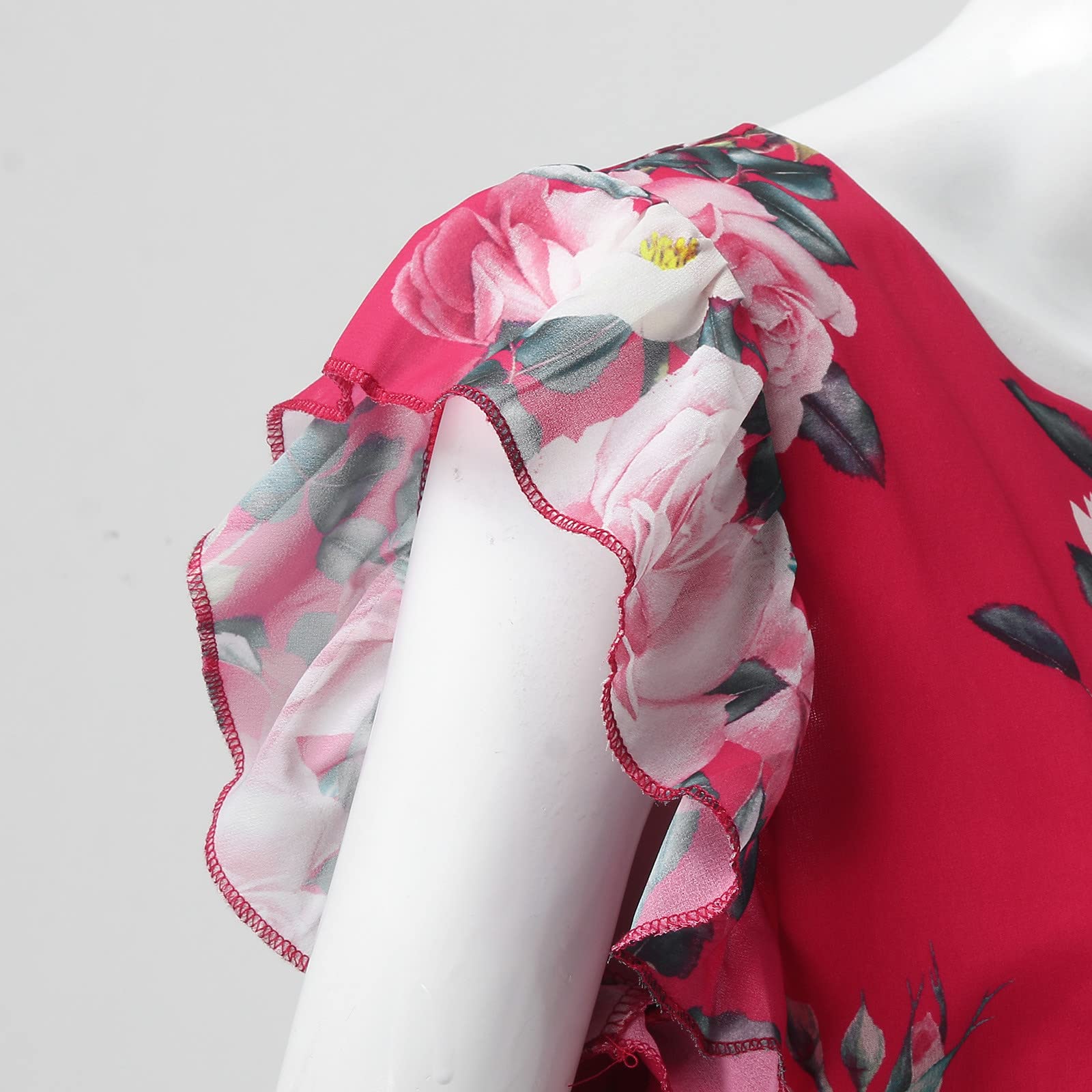 Womens Short Sleeve O Neck Summer Boho Elastic Waist A Line Floral Mini Dress Guest Wedding Dresses for Women Red