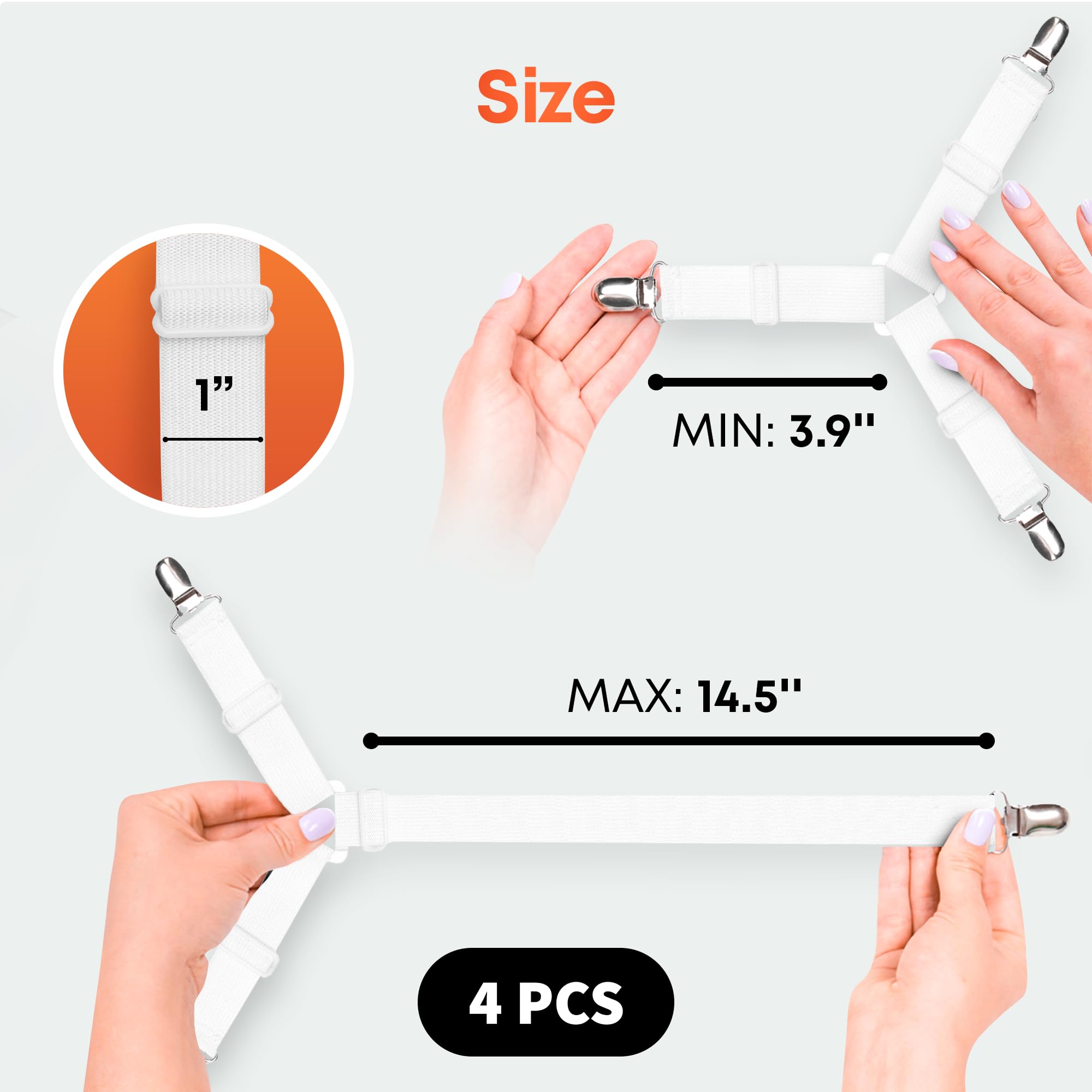 5 STARS UNITED Bed Sheet Straps Set | Easy to Use Adjustable Elastic Fasteners with Metal Clips | Sheet Holders for Corners | Fitted Sheet Clips to Hold Sheets in Place | (4 Pcs White)
