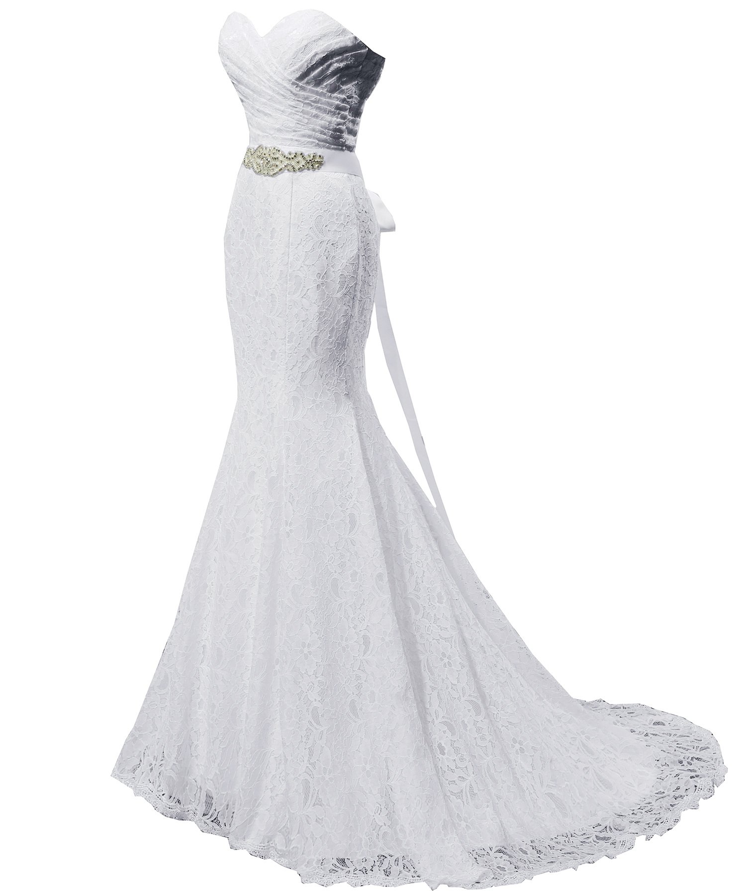 SOLOVEDRESS Women's Lace Wedding Dress Mermaid Evening Dress Bridal Gown with Sash (US 8,White)