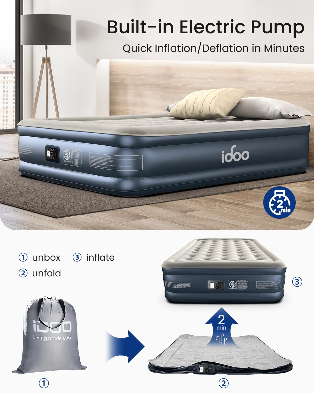 iDOO Air Mattress, Air Mattress Full with Built in Pump for Camping & Guest, 18" Raised Dual Chamber Airbed, Fast-Inflating Blow-up Bed, Colchon Inflable - Portable, Comfotable, 600lbs Max