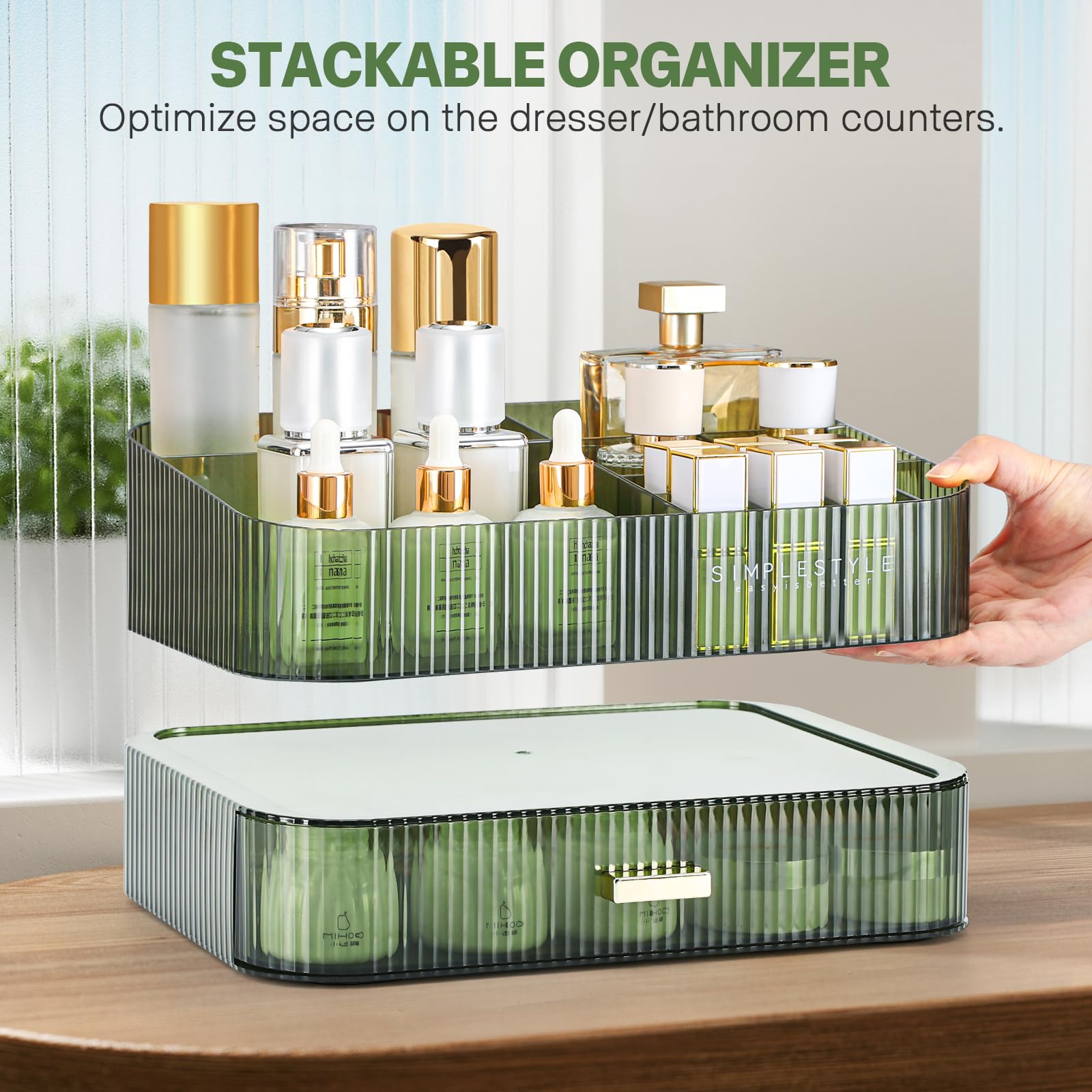 Makeup Organizer with Drawer, Large Capacity Countertop Organizer for Vanity, Bathroom and Bedroom Desk Cosmetics Display Case for Lotions, Brushes, Perfumes, Eyeshadow, Lipstick and Nail Polish