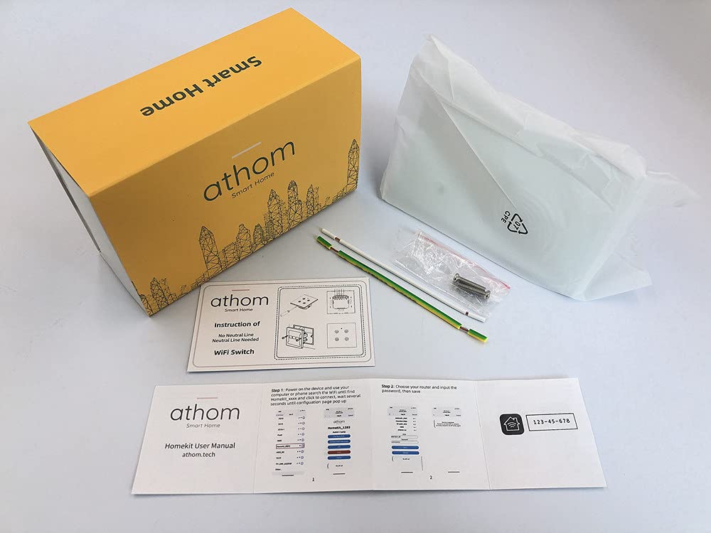 Athom US Standard Dual Mode WiFi Smart Wall Light Switch for Apple Homekit,Glass Touch Panel,No Neutral and Neutral Needed Dual Mode,220-240V,Siri Voice Control (2 Gangs), White (DS-121JL)