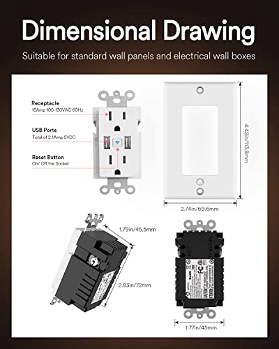 Smart USB Outlet in-Wall - Smart Electrical Outlet That Work with Alexa, Google Home, 15 Amp, No Hub Required, ETL & FCC Certified, 2.4G WiFi Only (2 Pack)