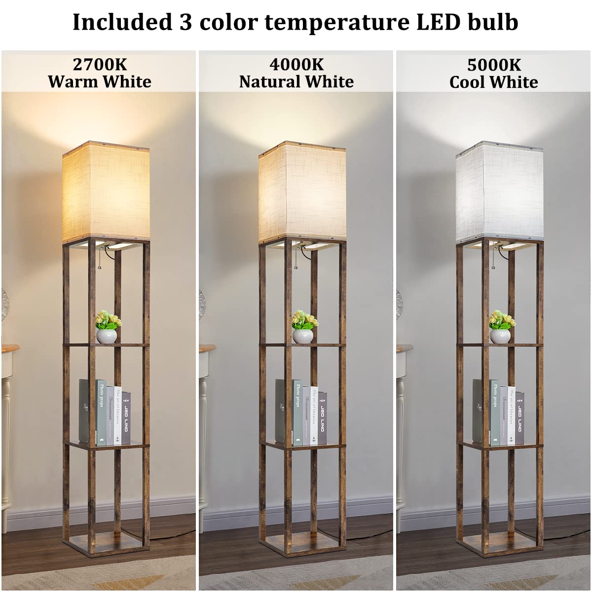 Dott Arts Floor Lamp with Shelves, 3 Color Temperature LED Bulb, Wood Texture, Storage, Brown