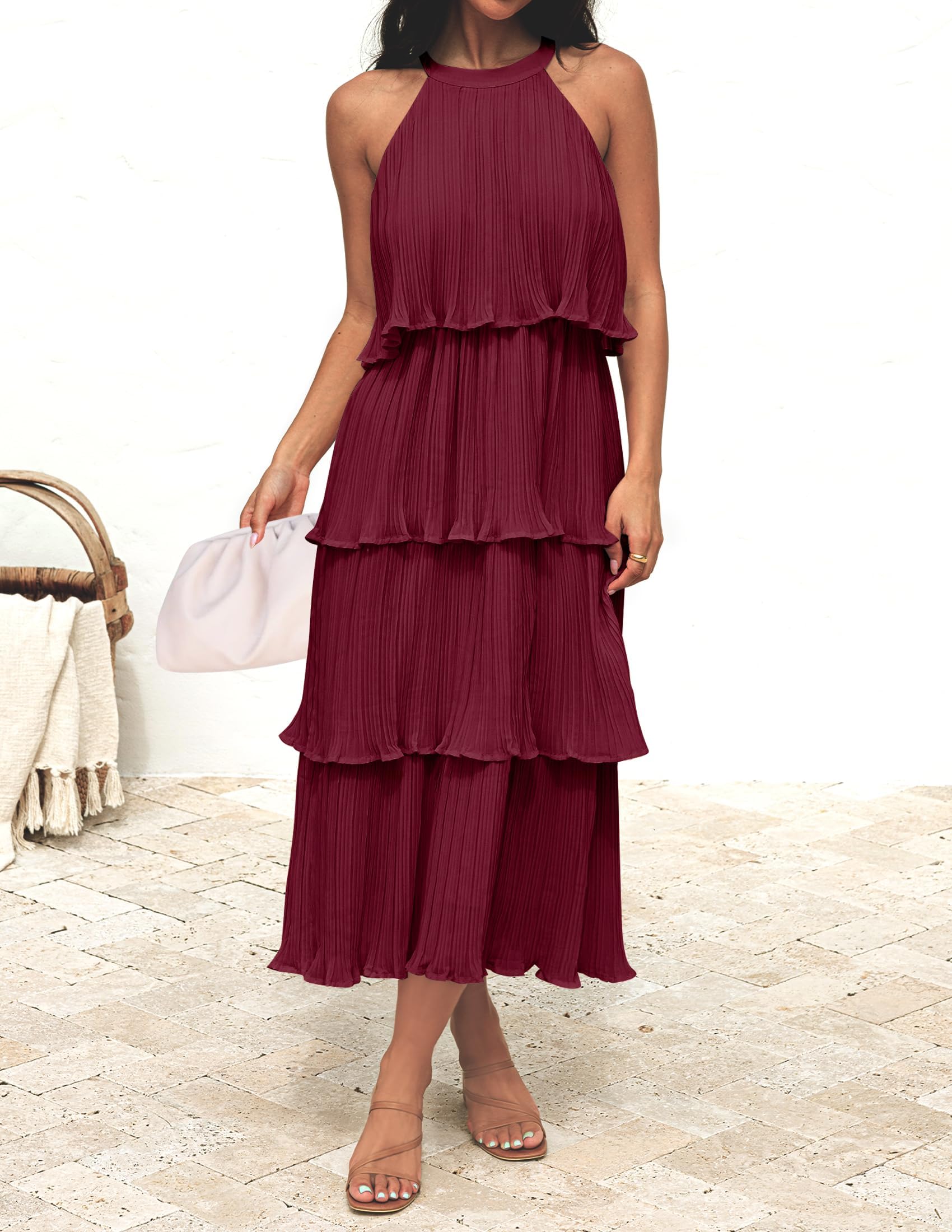 ZESICA Women's 2024 Summer Sleeveless Halter Neck Ruffle Tiered Layed Chiffon Flowy Swing Long Midi Dress,Wine,Medium