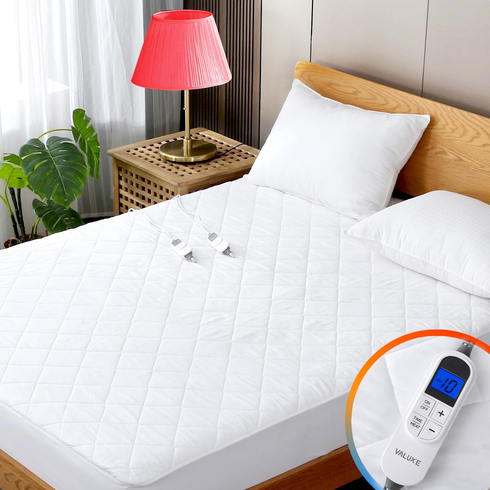 VALUXE Full Size Heated Mattress Pad, Quilted Zone Heating, Electric Bed Warmer, Luxury Comfort, White, Plush Velvet, Water Repellent, Deep Pocket, Adult, Cotton or Polyester, 54 x 75 x 14.5 inches