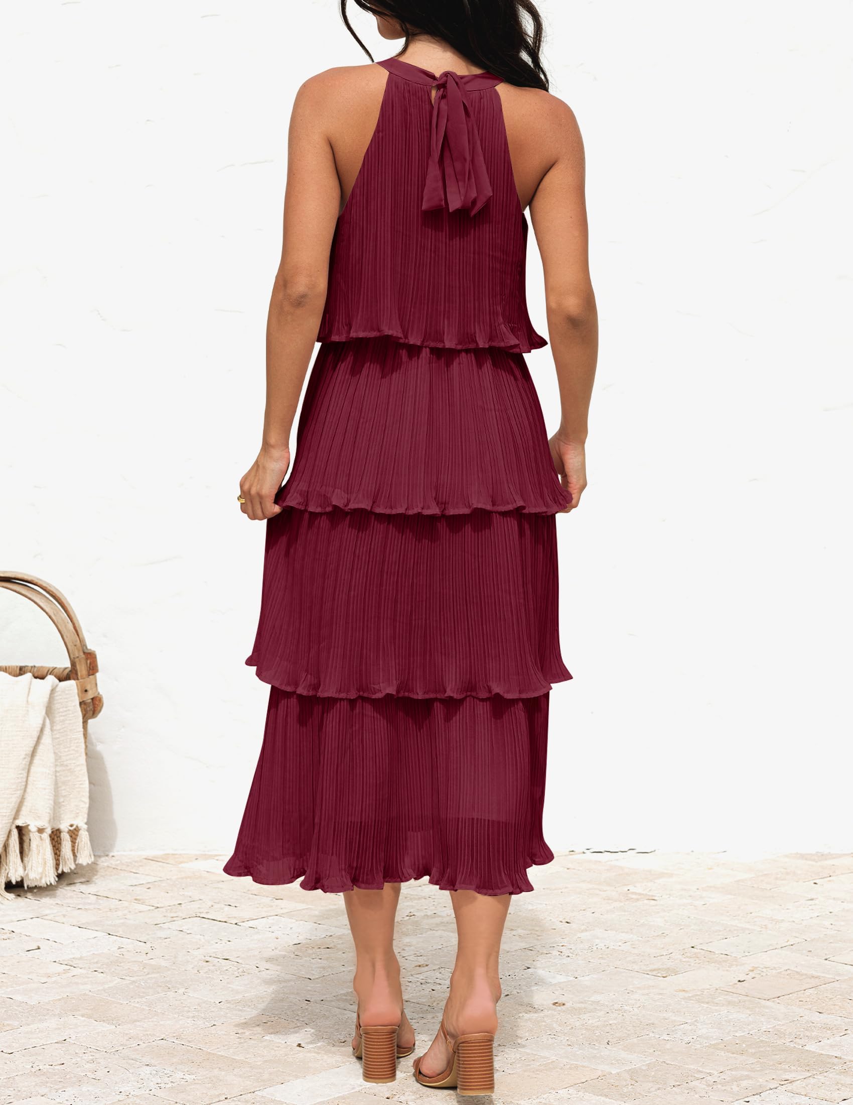 ZESICA Women's 2024 Summer Sleeveless Halter Neck Ruffle Tiered Layed Chiffon Flowy Swing Long Midi Dress,Wine,Medium
