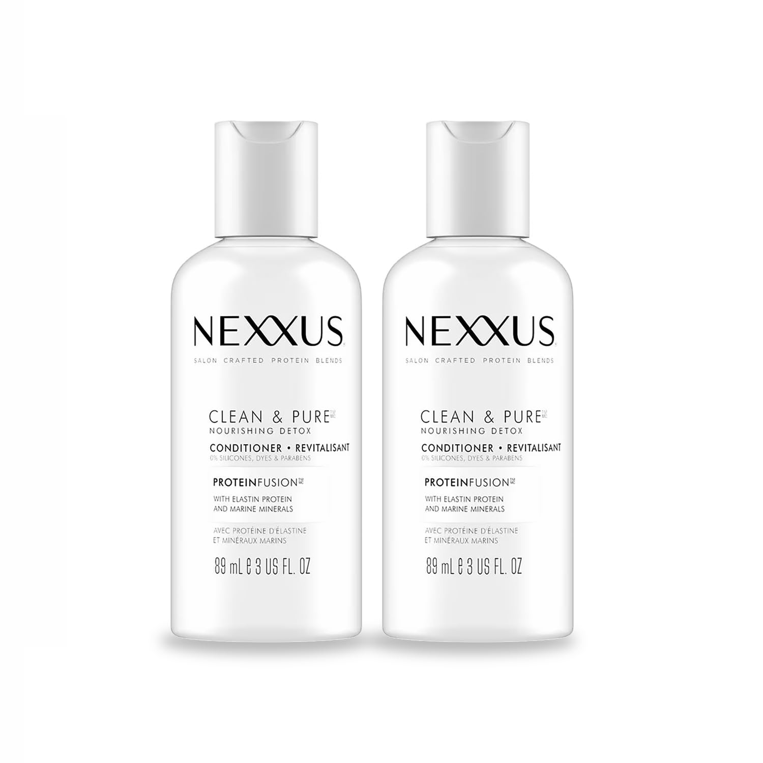 Nexxus Clean & Pure Conditioner, 2 Pack (6 fl Oz Total), 89 mL each, Protein Fusion with Elastin Protein and Matine Minerals, Revitalizing, Travel Size, Silicone-free, contains protein