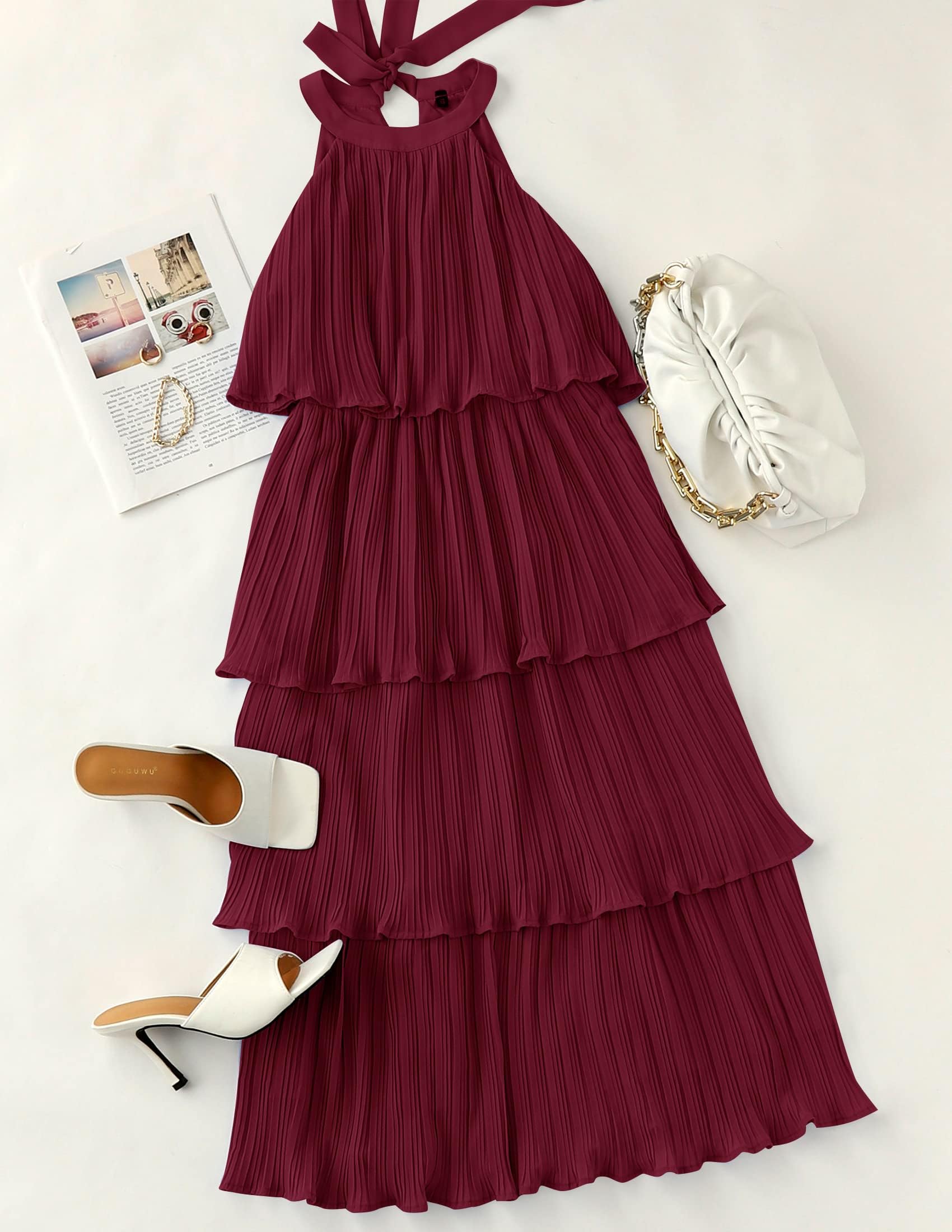 ZESICA Women's 2024 Summer Sleeveless Halter Neck Ruffle Tiered Layed Chiffon Flowy Swing Long Midi Dress,Wine,Medium