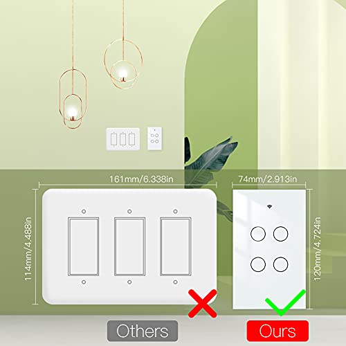 MoesGo WiFi Smart Wall Light Switch,Glass Panel, Multi-Control(3 Way), 2.4GHz Wi-Fi Touch Switches, Neutral Wire Required, Remote Control Smart Life/Tuya App, Work with Alexa, Google Home White 4 Gang