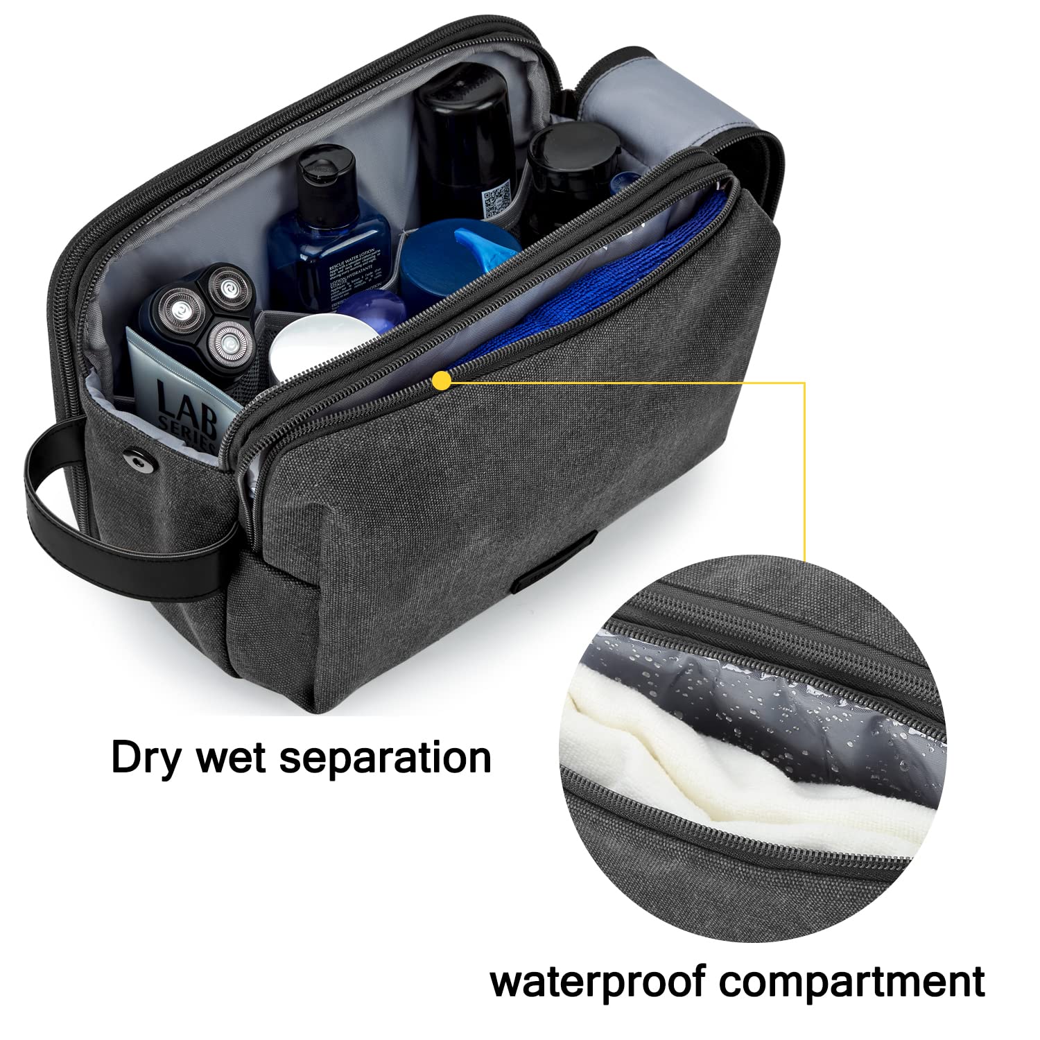 BAGSMART Toiletry Bag for Men, Canvas Travel Toiletry Organizer Dopp Kit Water-resistant Shaving Bag for Toiletries Accessories,Black-Large