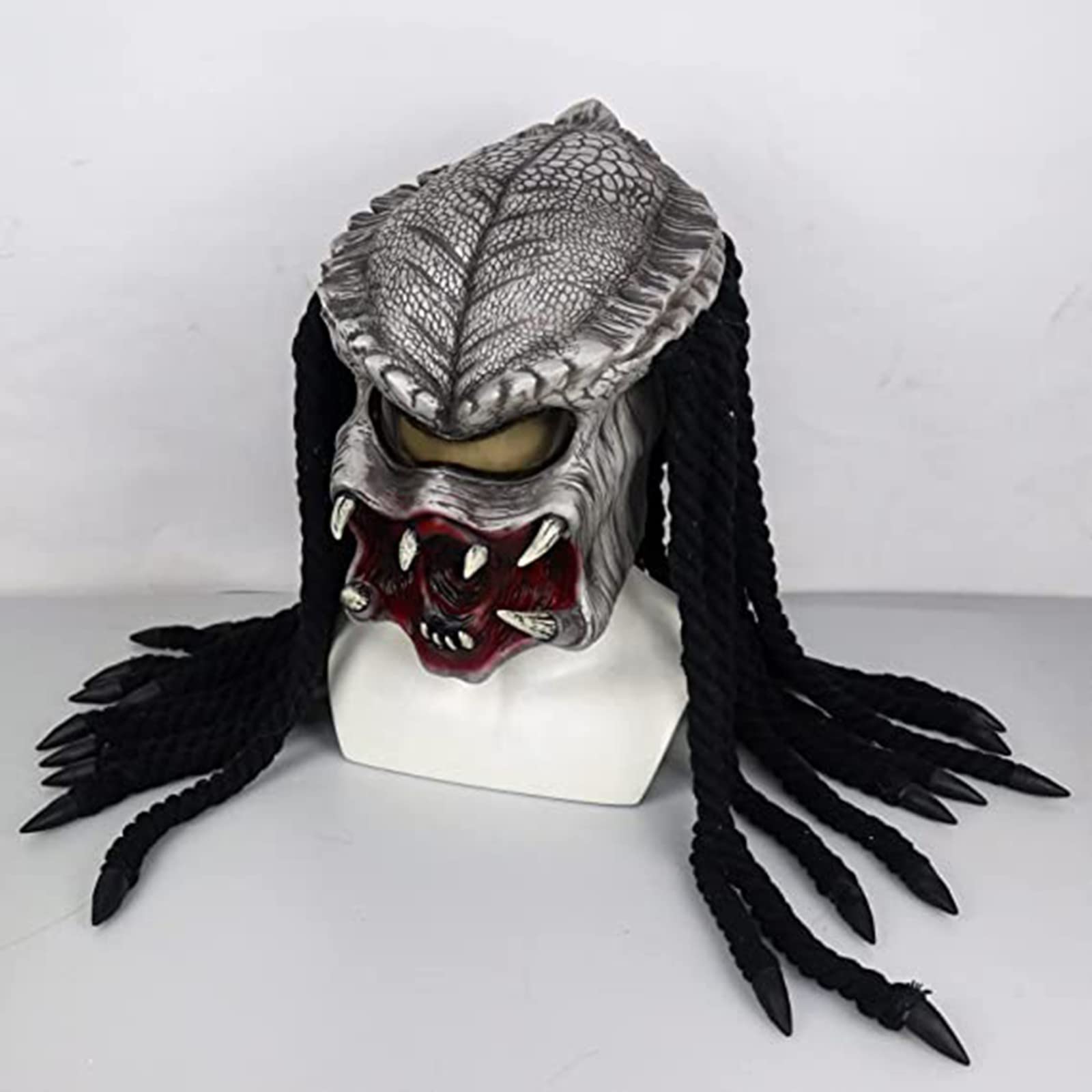 Predator Mask Motorcycle Headgear Predator Carbon Fiber Helmet with UV Protection Lens LED Light Hair Braid Breathable Cosplay Costume Tracker Latex,XL:61-62CM