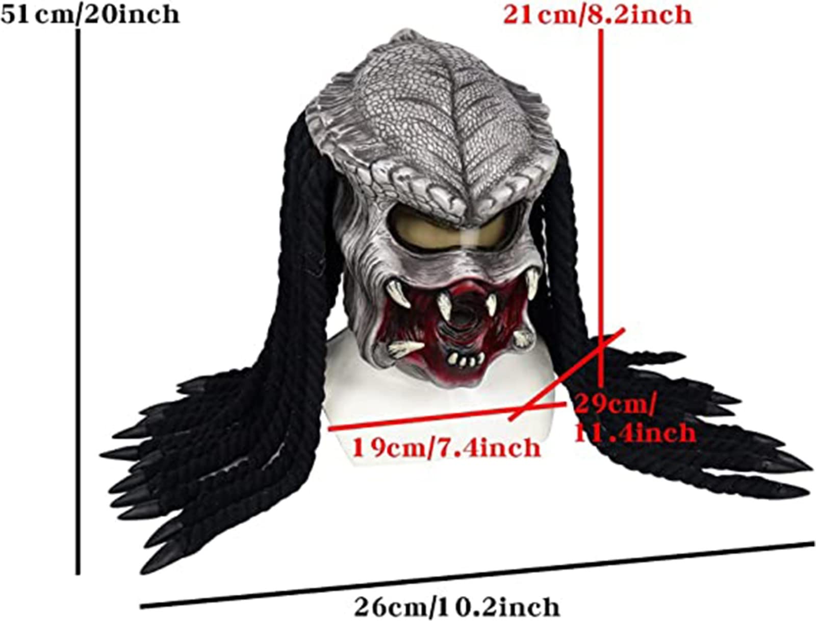 Predator Mask Motorcycle Headgear Predator Carbon Fiber Helmet with UV Protection Lens LED Light Hair Braid Breathable Cosplay Costume Tracker Latex,XL:61-62CM