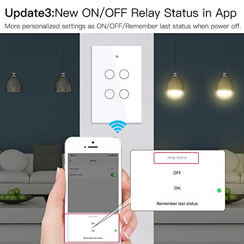 MoesGo WiFi Smart Wall Light Switch,Glass Panel, Multi-Control(3 Way), 2.4GHz Wi-Fi Touch Switches, Neutral Wire Required, Remote Control Smart Life/Tuya App, Work with Alexa, Google Home White 4 Gang