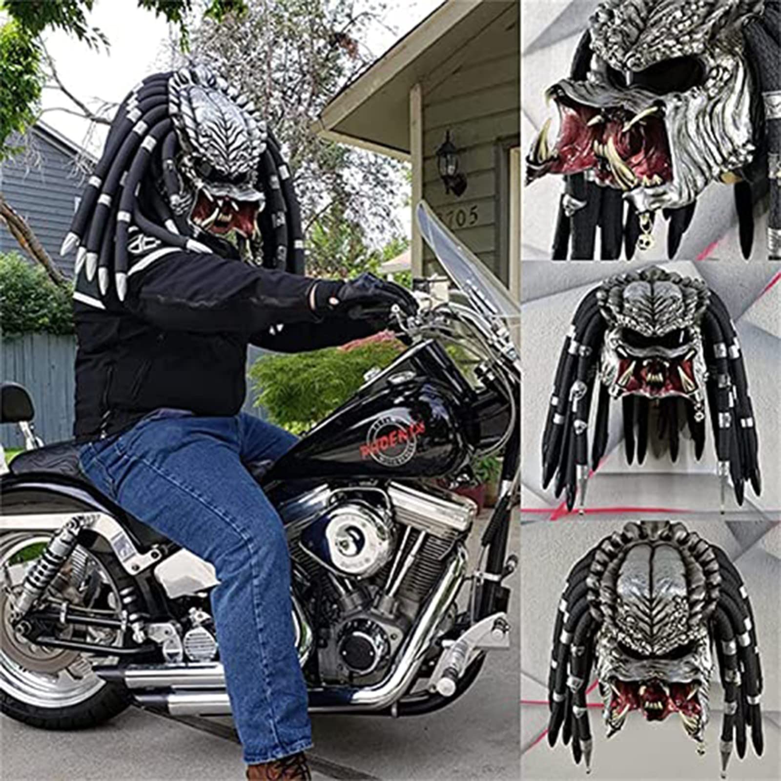 Predator Mask Motorcycle Headgear Predator Carbon Fiber Helmet with UV Protection Lens LED Light Hair Braid Breathable Cosplay Costume Tracker Latex,XL:61-62CM