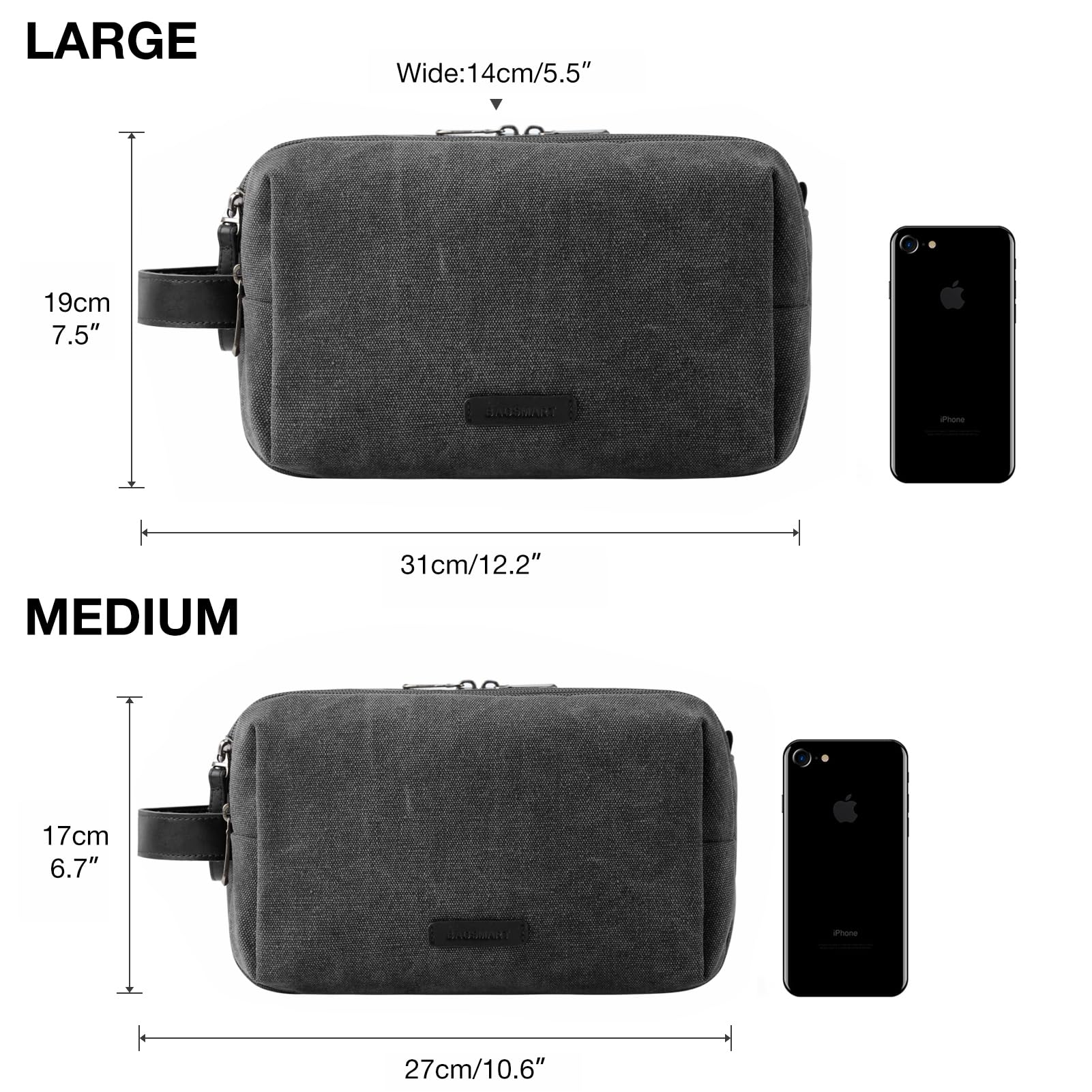 BAGSMART Toiletry Bag for Men, Canvas Travel Toiletry Organizer Dopp Kit Water-resistant Shaving Bag for Toiletries Accessories,Black-Large